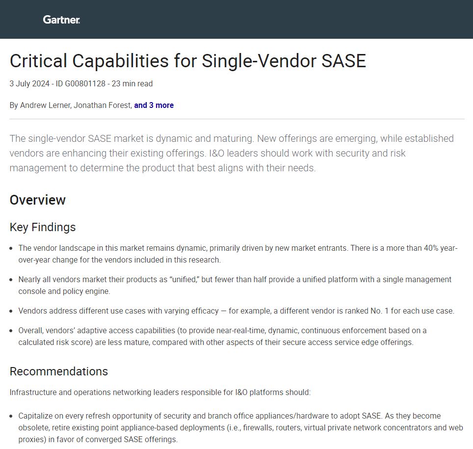 2024 Gartner® Critical Capabilities for Single-Vendor SASE